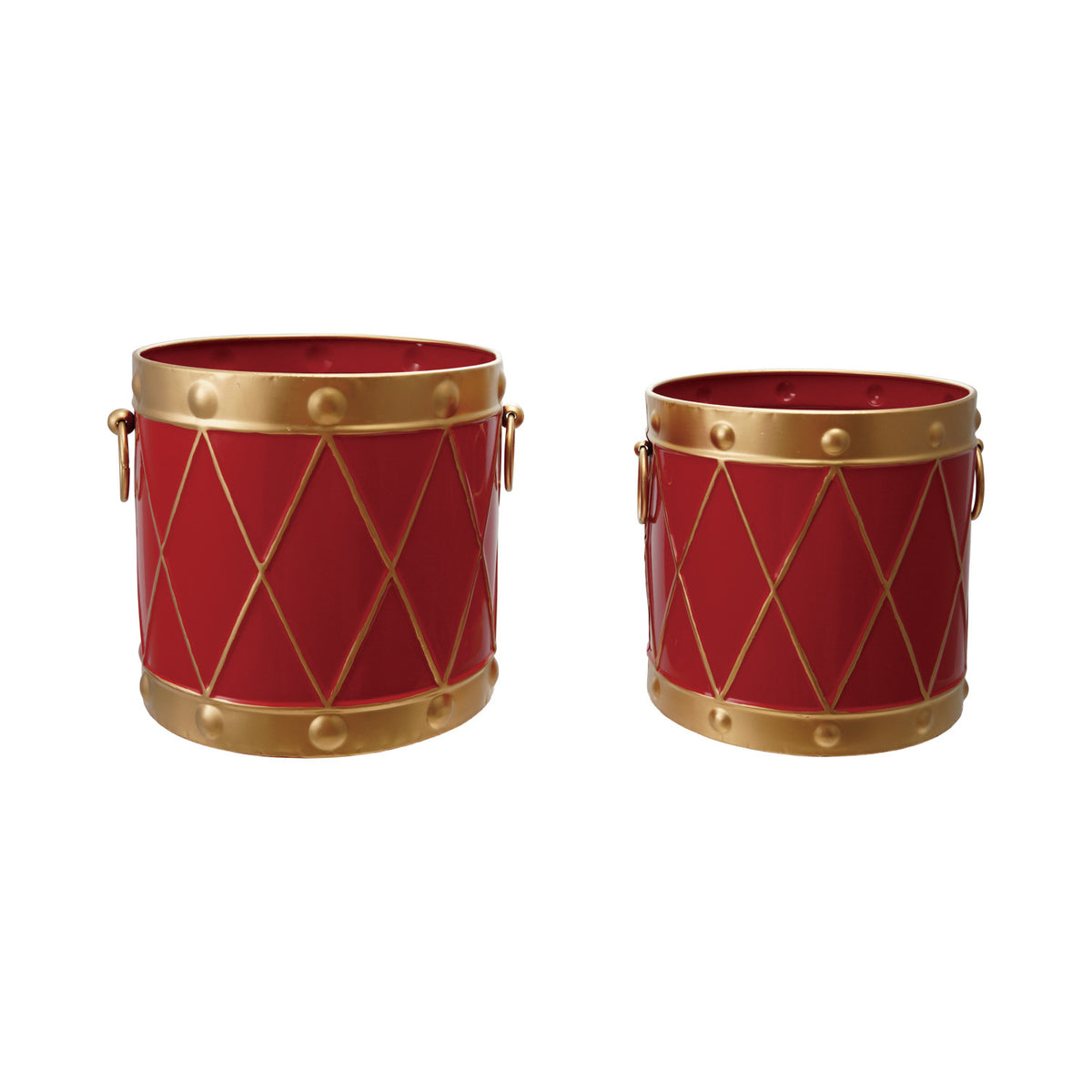 Metal Drum Shaped Buckets with Handles, Red & Gold Finish, Set of 2 ...